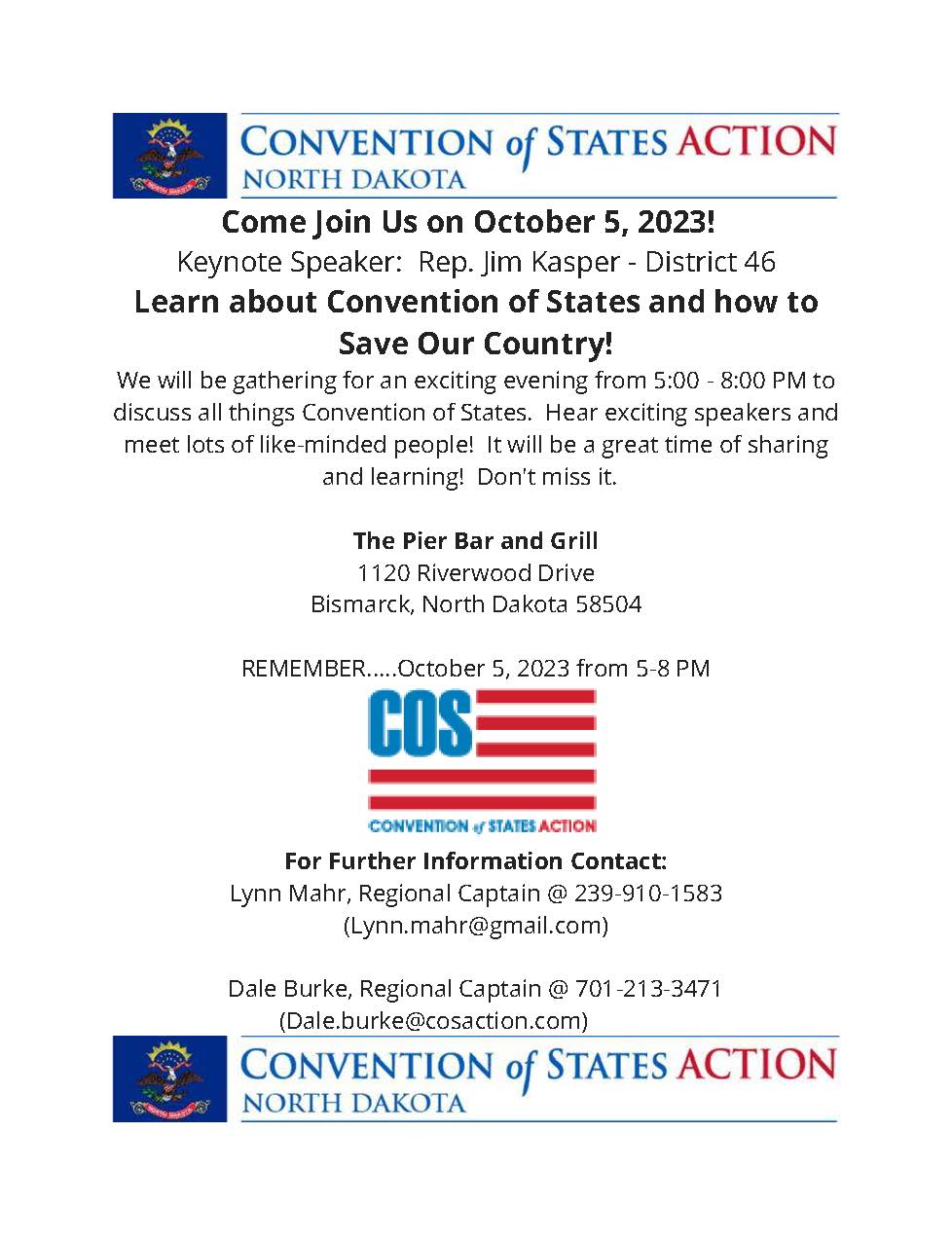 Representative Kasper to speak at Bismarck Pier Bar and Grill - COSAction